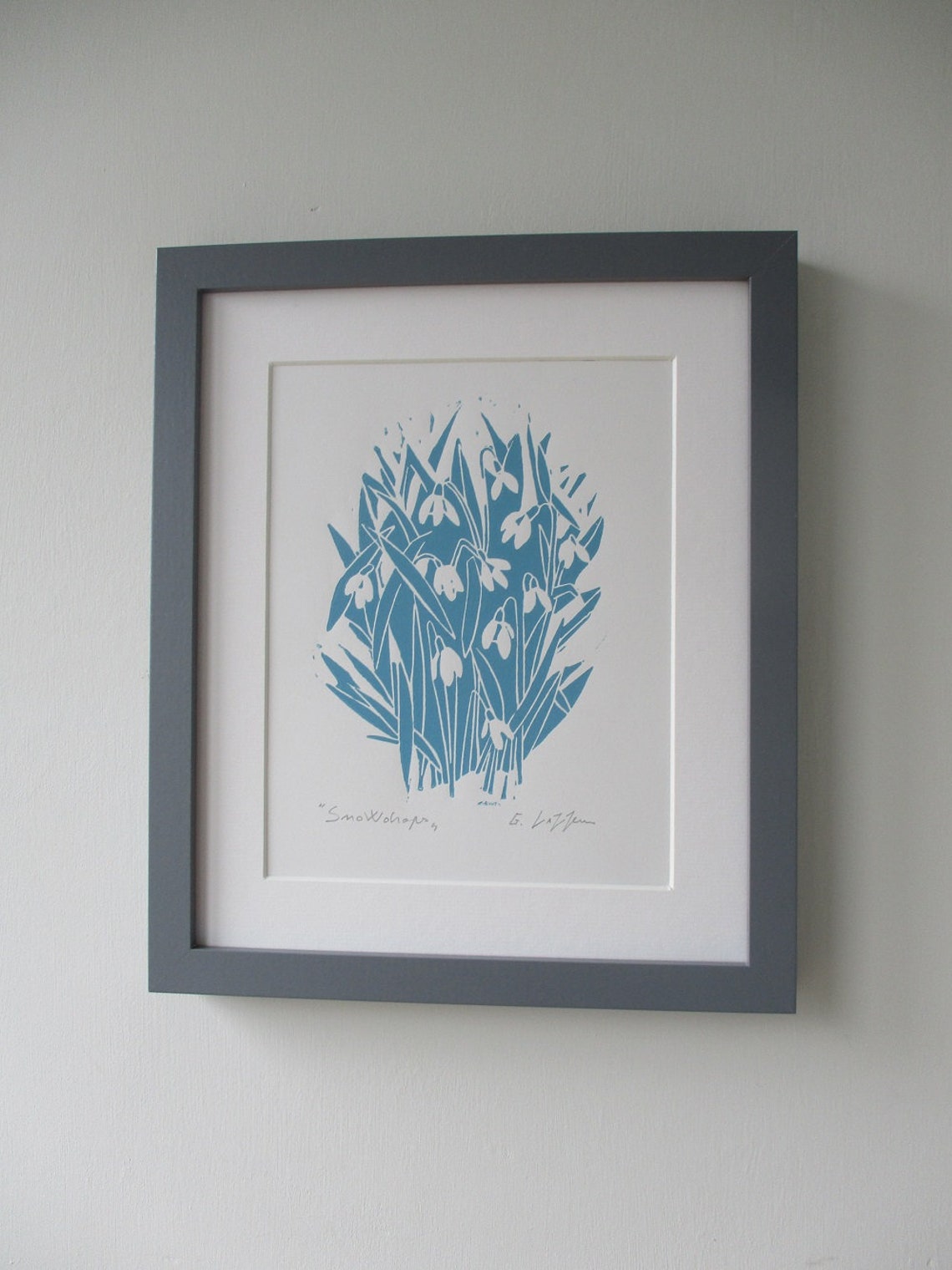 Snowdrops Print Flowers Linocut Print Teal Blue and White - Etsy