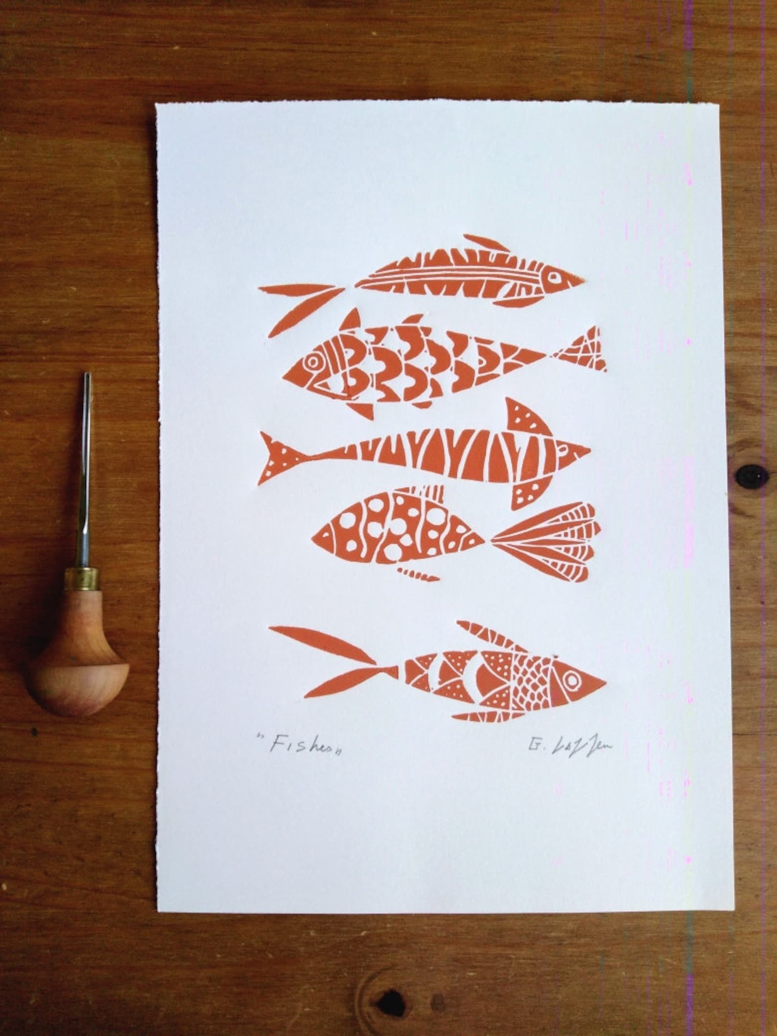 Fish Art Linocut linoprint printmaking Blue or Orange - Etsy