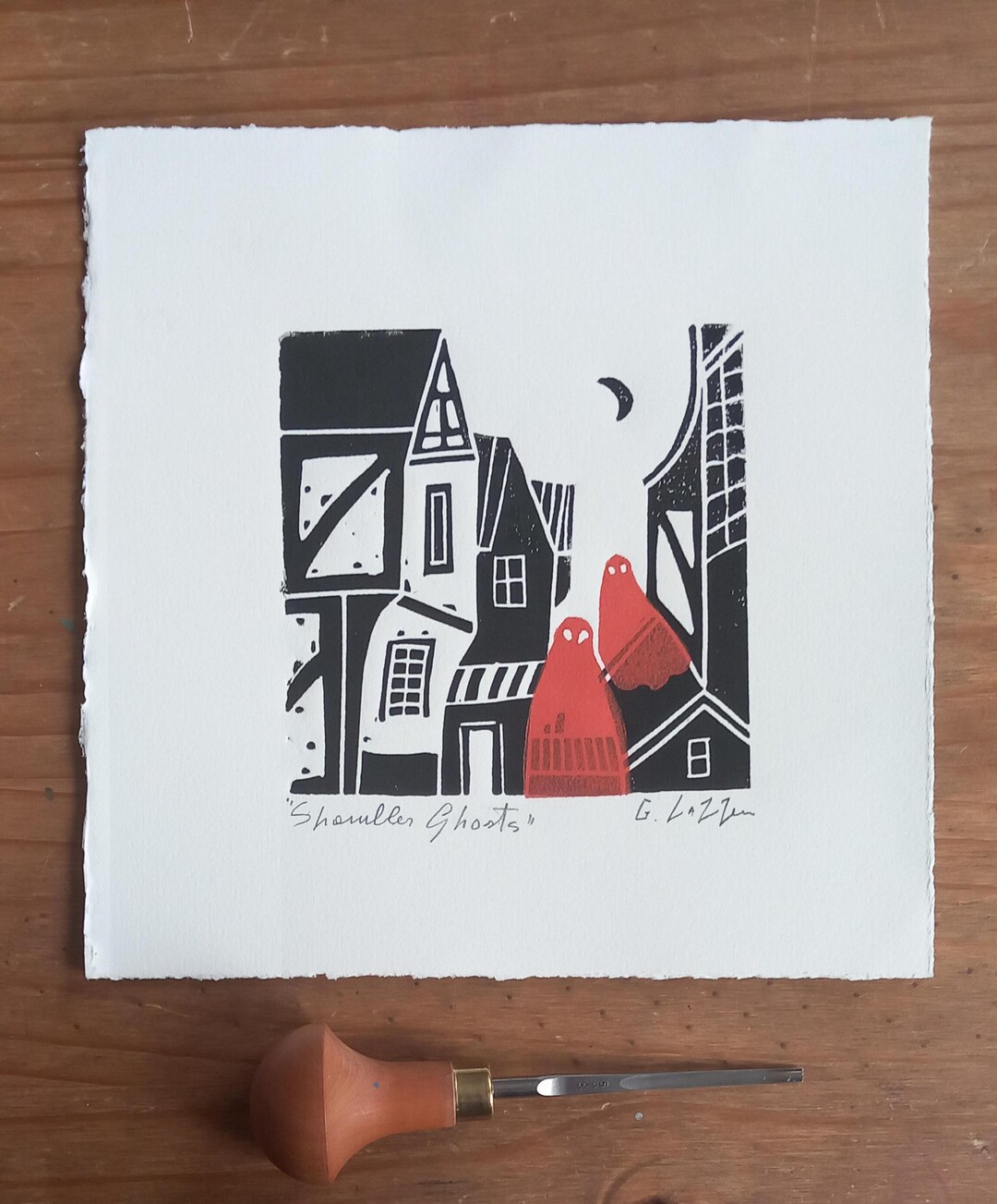 Halloween Ghosts Original Linocut - Haunting Home Decor Printmaking Art ...