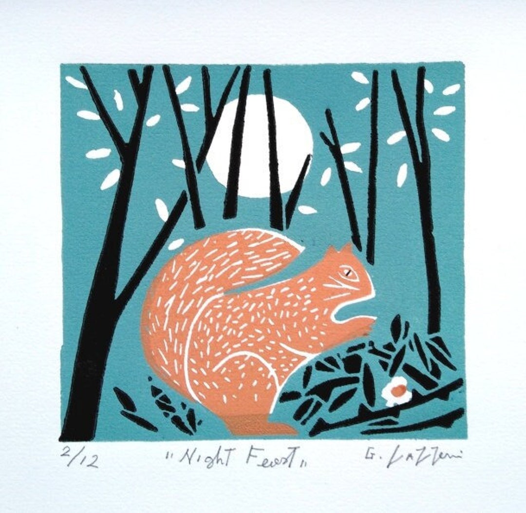 Lino Print Squirrel Original Linocut Night Forest Printmaking Art ...