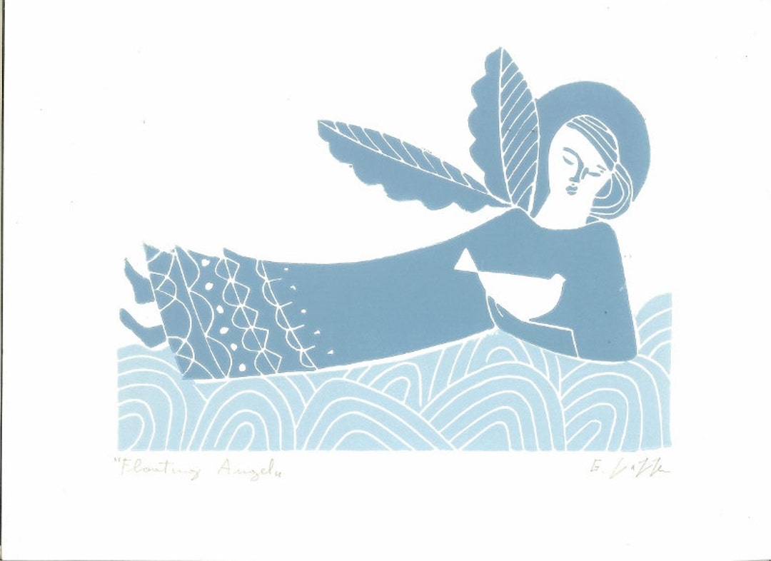 Floating Angel Linocut - Hand Pulled Block Print - Modern Guardian ...