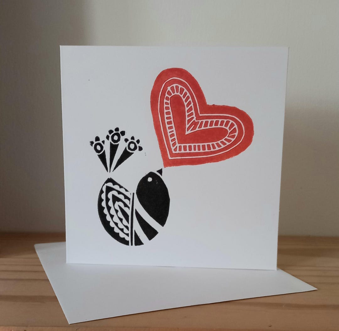 Love Red Heart Card - Hand Printed Art Card - Blank Inside - Original ...