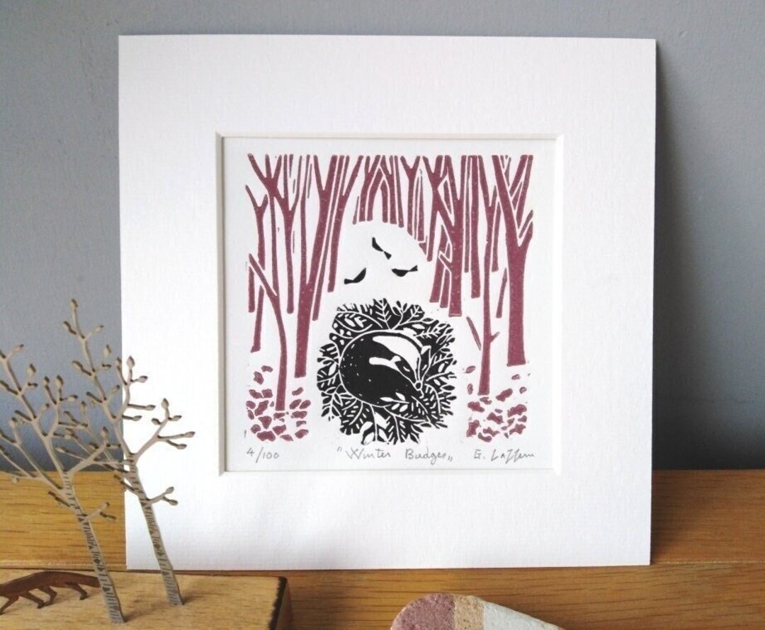 Snow Badger Mounted Limited Edition Lino Print Animal Lover Gift Winter ...