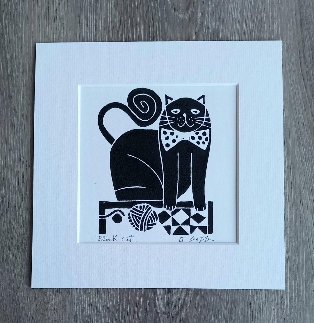 Cat Linocut Mounted Black Cat ,ginger Cat Lover Gift,printmaking Art ...