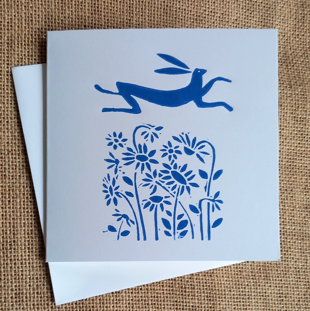 Jumping Hare Handprinted Linocut Card Blank Inside Rabbit Lino Print ...