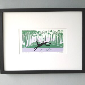 Deer Running Original Linocut Lino Print Relif Print Spring Bluebell ...