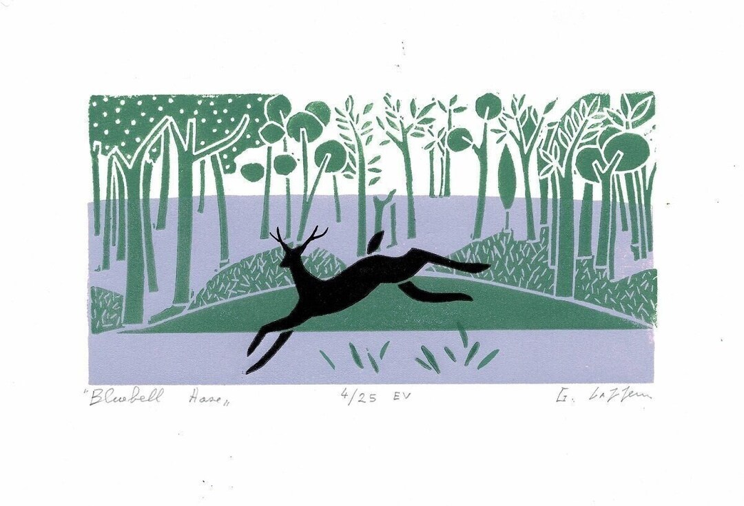 Deer Running Original Linocut Lino Print Relif Print Spring Bluebell ...