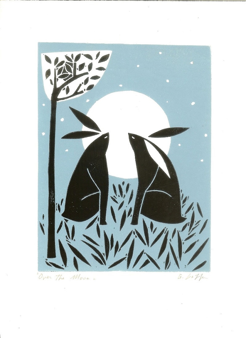 Hares and Moon Linocut Print Rabbits and the Moon Positive | Etsy