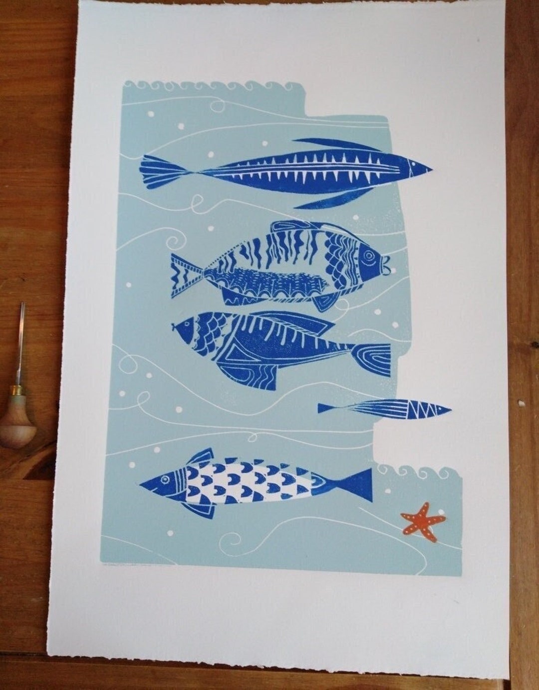 Large Blue Fish Art Original Linocut Print, Large Linoprint Block Print ...