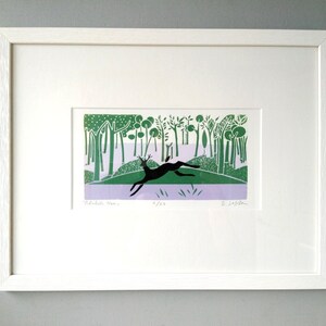 Deer Running Original Linocut Lino Print Relif Print Spring Bluebell ...