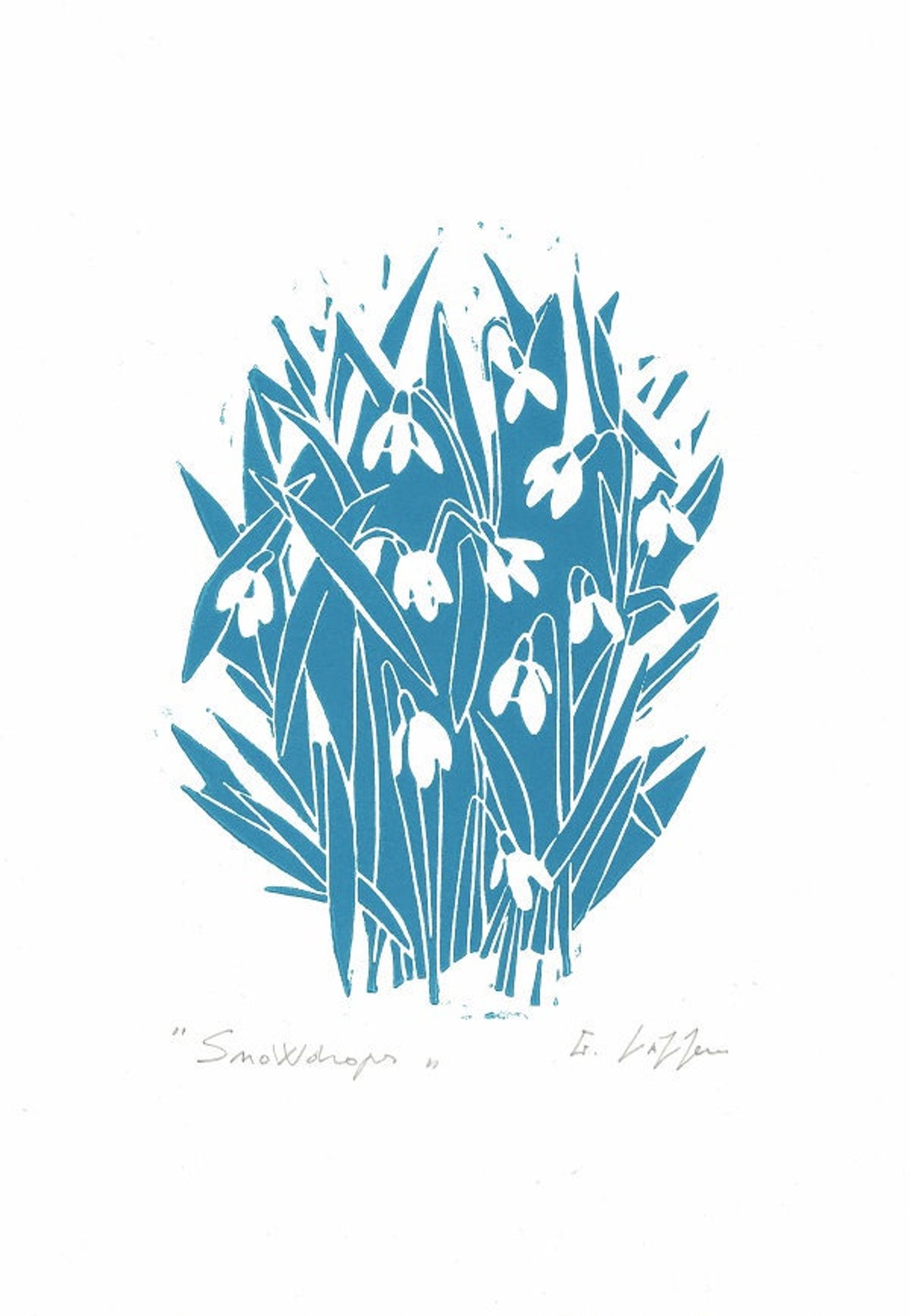 Snowdrops Print Flowers Linocut Print Teal Blue and White Original Hand ...