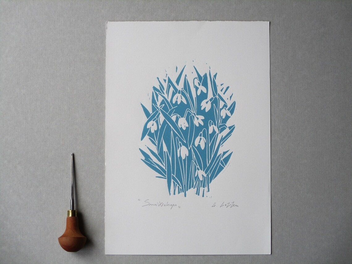 Snowdrops Print Flowers Linocut Print Teal Blue and White - Etsy