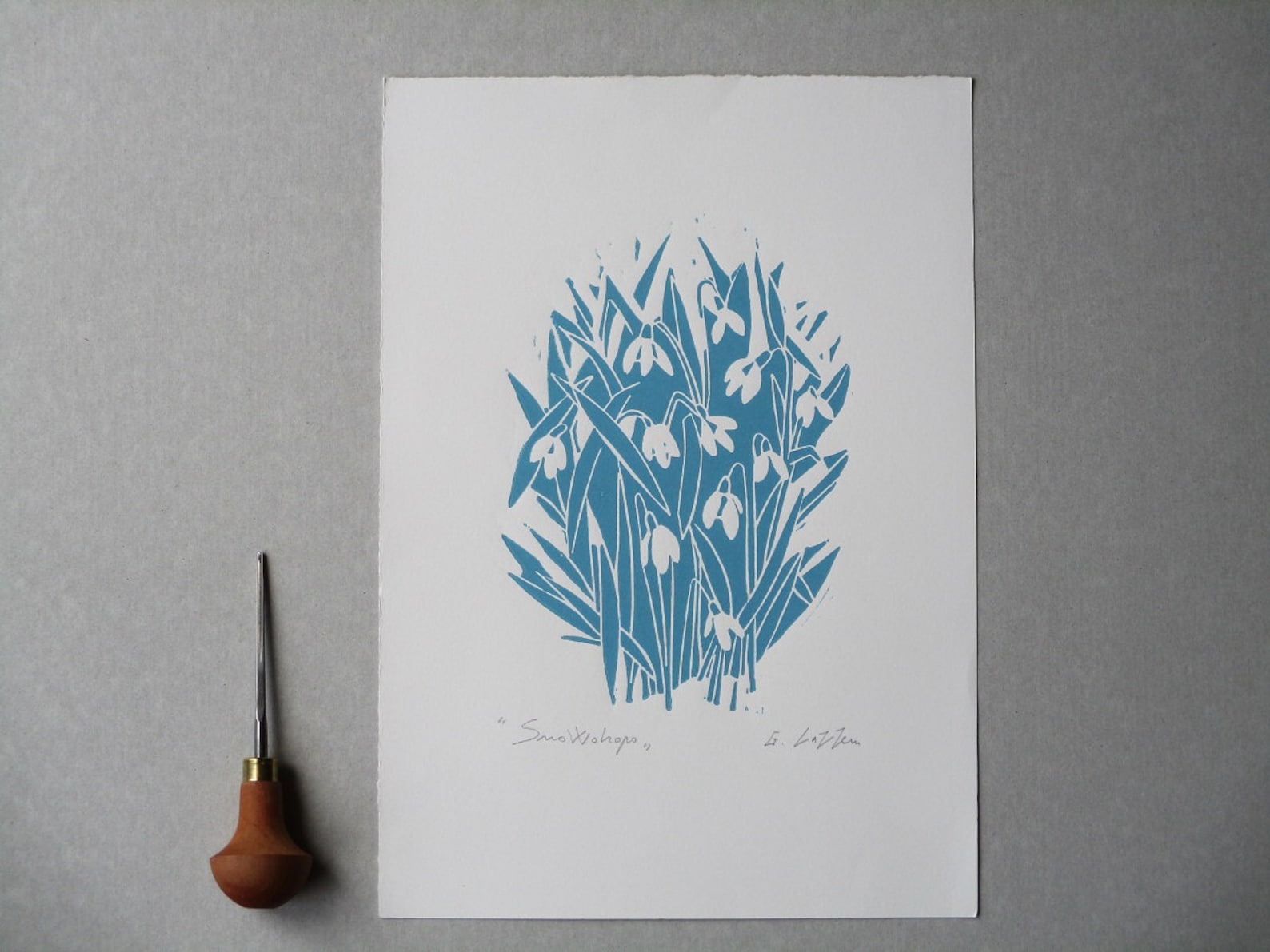 Snowdrops Print Flowers Linocut Print Teal Blue and White - Etsy
