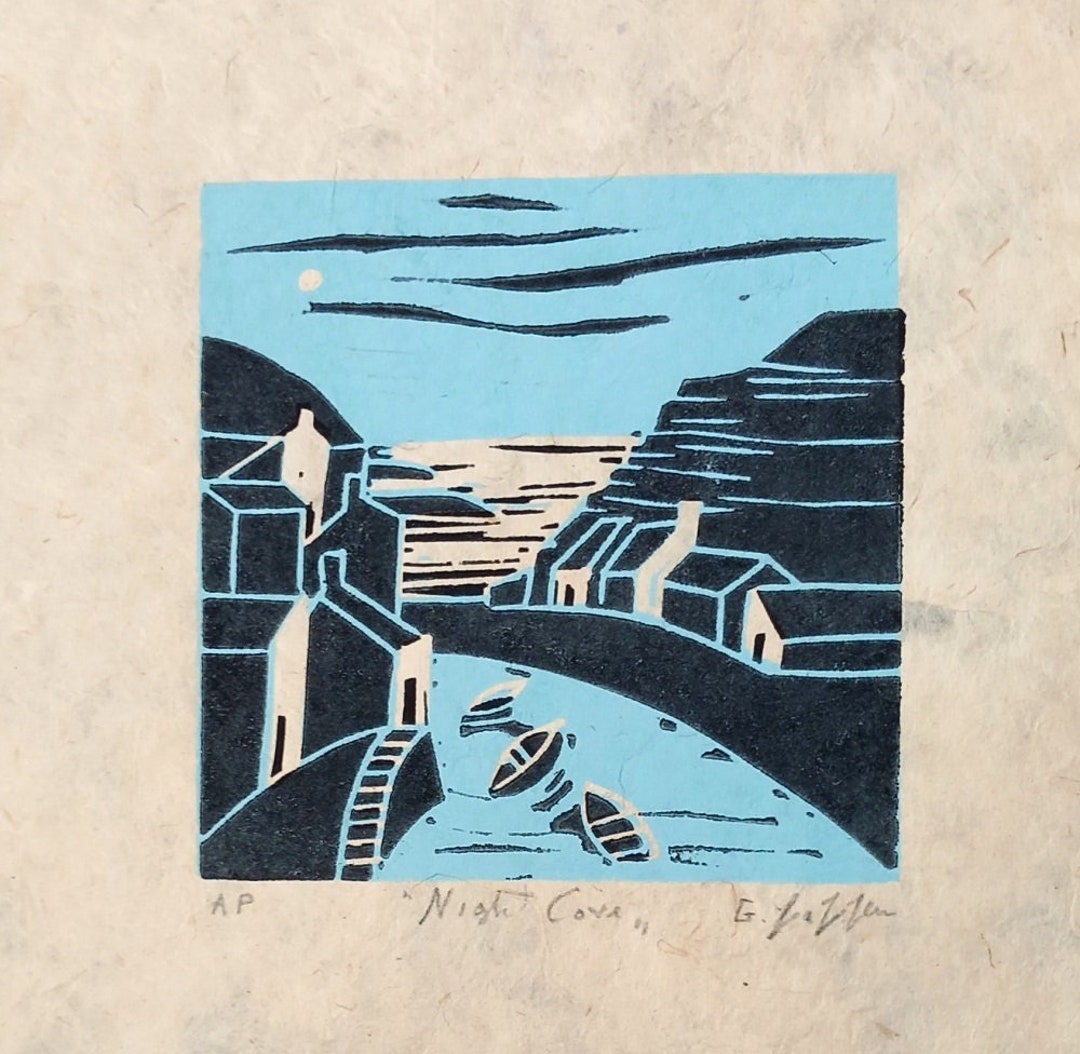 Coastal Village Linocut Print: Yorkshire Seascape, Artist Proof - Etsy UK
