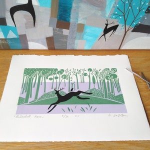 Deer Running Original Linocut Lino Print Relif Print Spring Bluebell ...