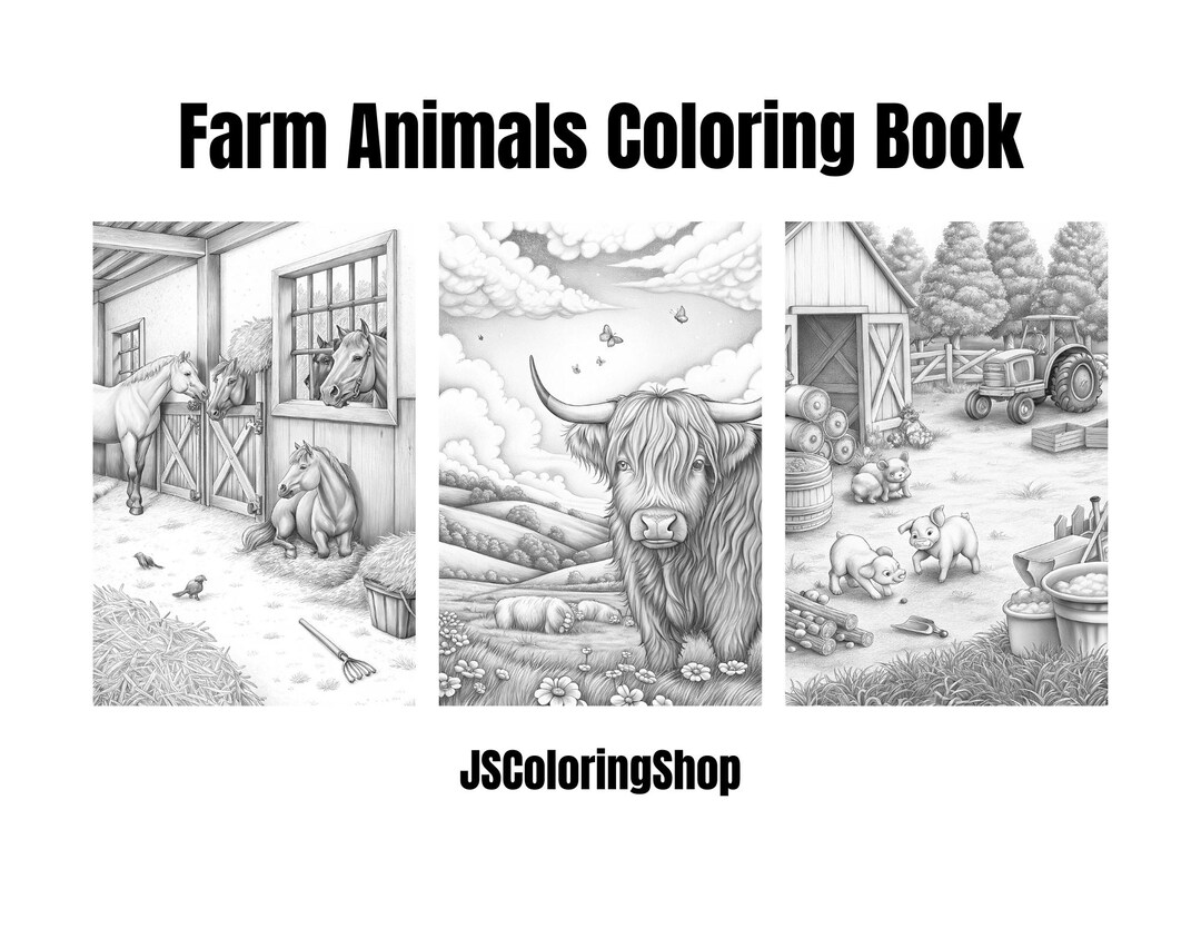 Farm Animals Grayscale Coloring Book | Stress Relief (digital Download ...
