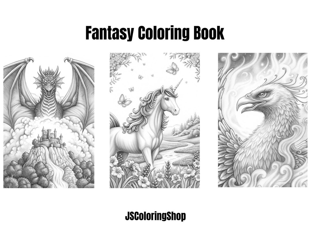 Fantasy Creature Coloring Book: Grayscale Illustrations (digital ...