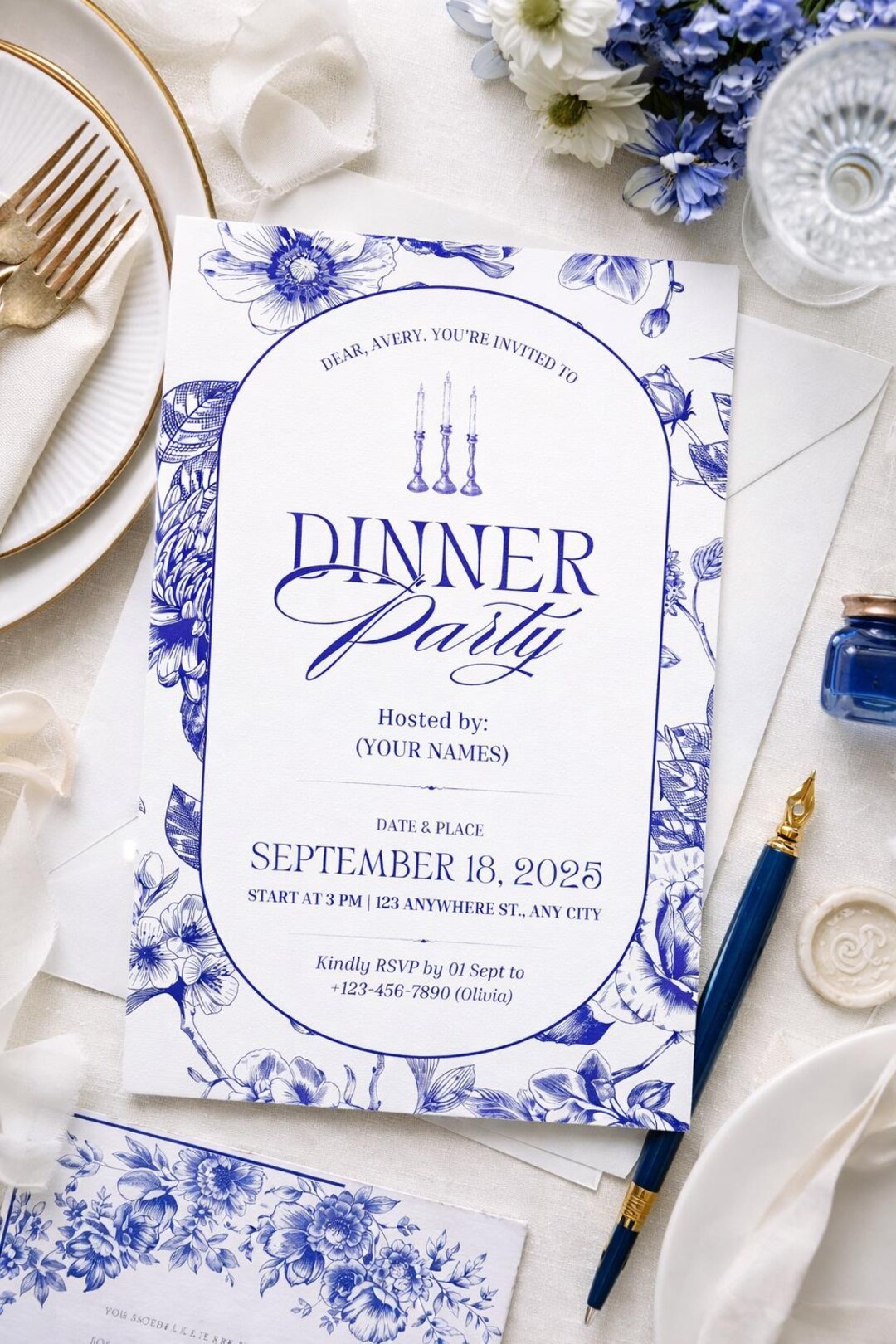 Elegant Vintage Dinner Party Invitation | Blue Floral Chinoiserie ...