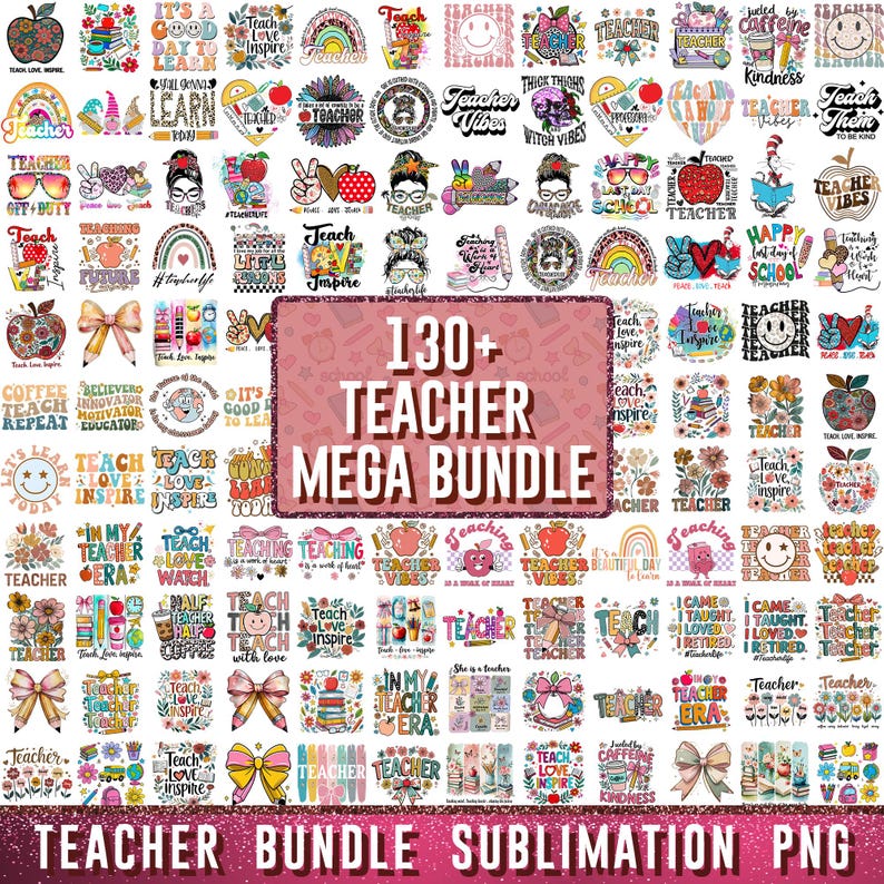 130+ Teacher Png Bundle School Holiday Teacher Appreciation Retro Boho ...