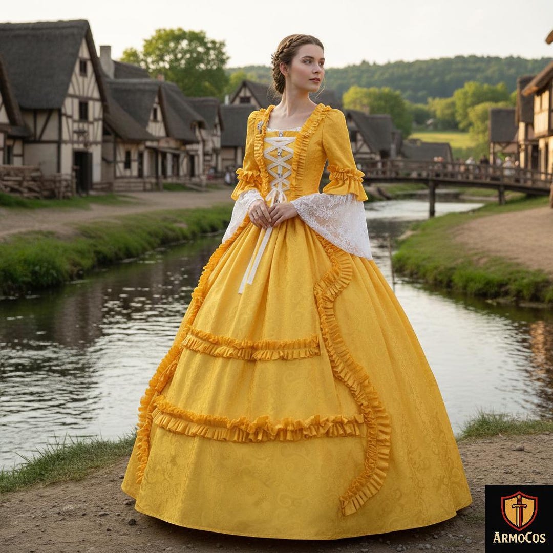 Yellow 18th Century Rococo Gown: Ruffled Period Dress for Historical ...