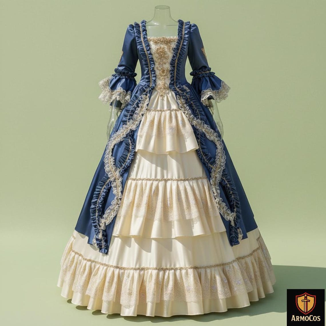 Luxury Blue Velvet Rococo Ball Gown: 18th Century Victorian Style Lace ...