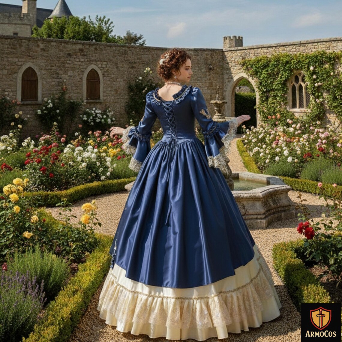 Luxury Blue Velvet Rococo Ball Gown: 18th Century Victorian Style Lace ...
