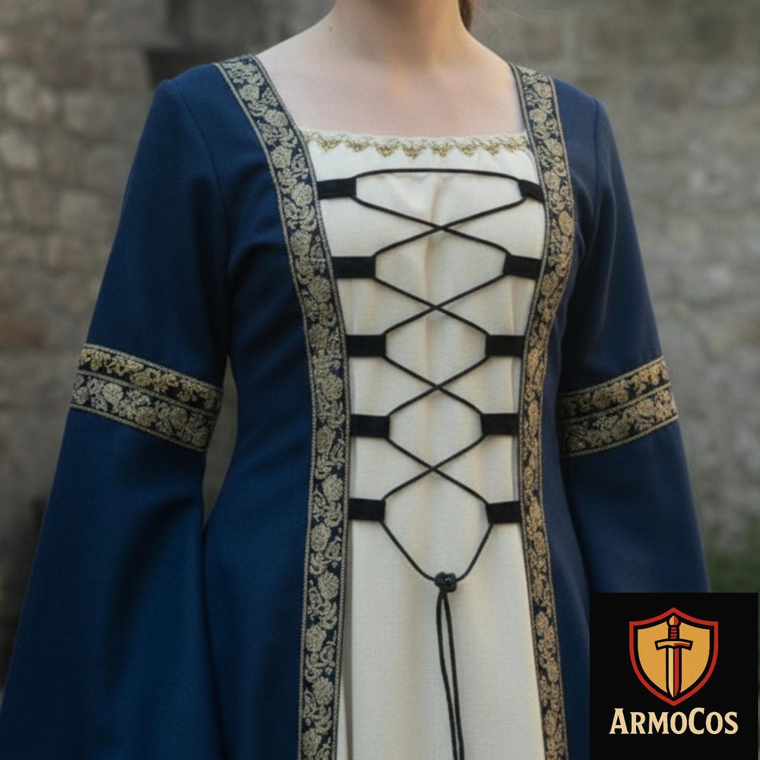 Elegant Medieval Dark Blue and Cream Lace-up Dress With Golden ...