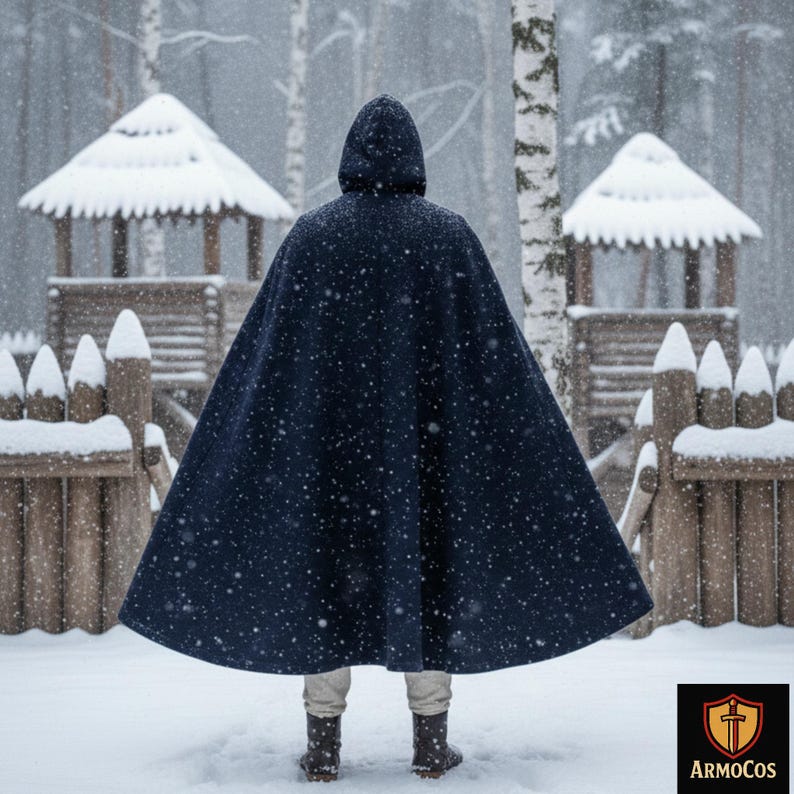 Navy Blue Hooded Cape Cotton Blend Cloak - Men's Medieval LARP Cosplay ...