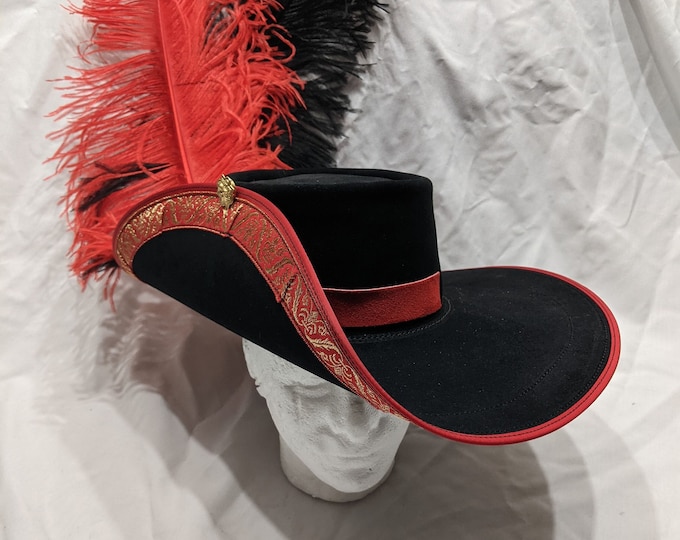 Fancy Wide Brim Leather Hat Red Black and Gold W/2 Large Feather Plumes ...