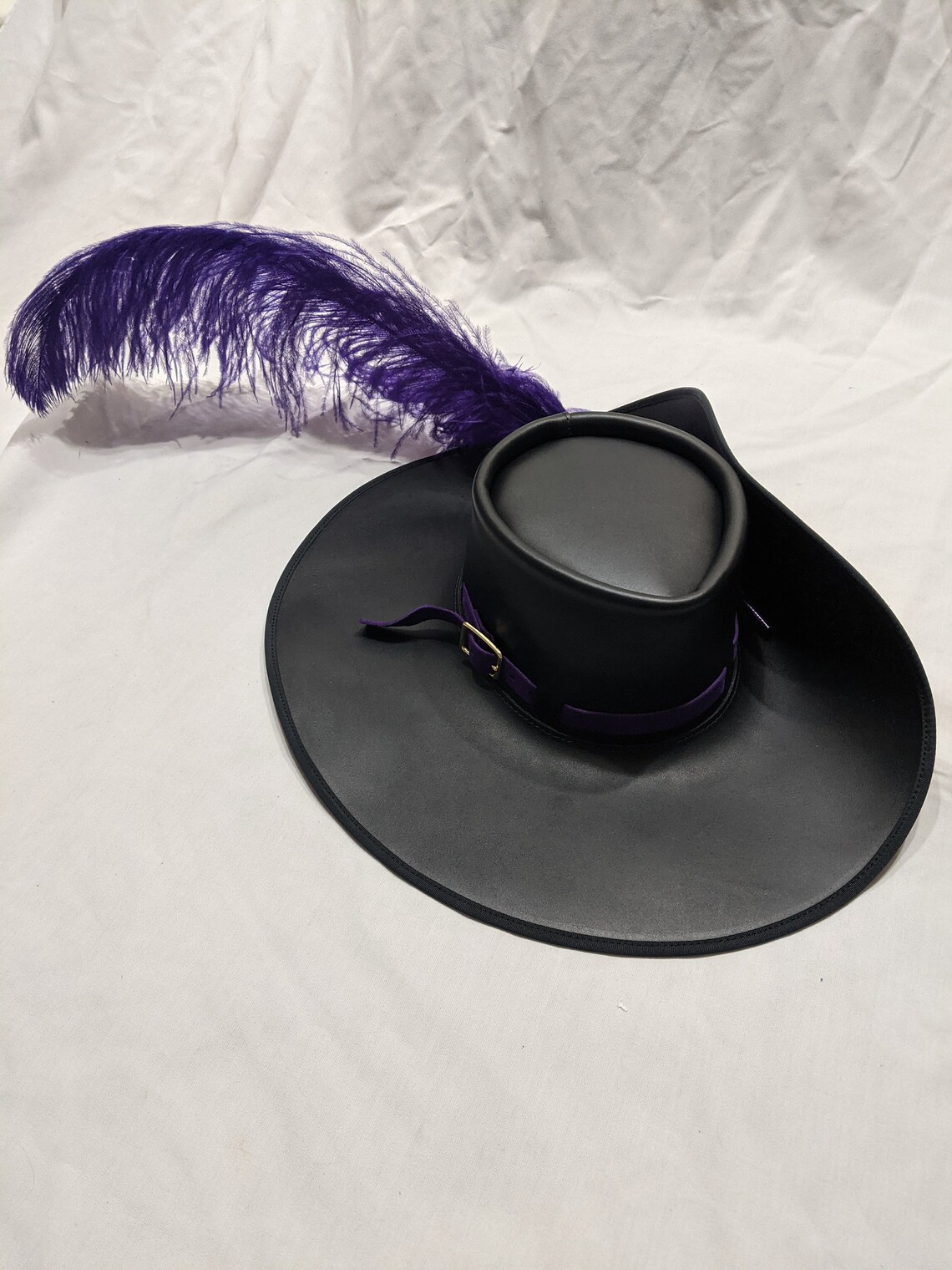 Wide Brim Leather Cavalier Hat Black With Large Feather Plume Pirate ...