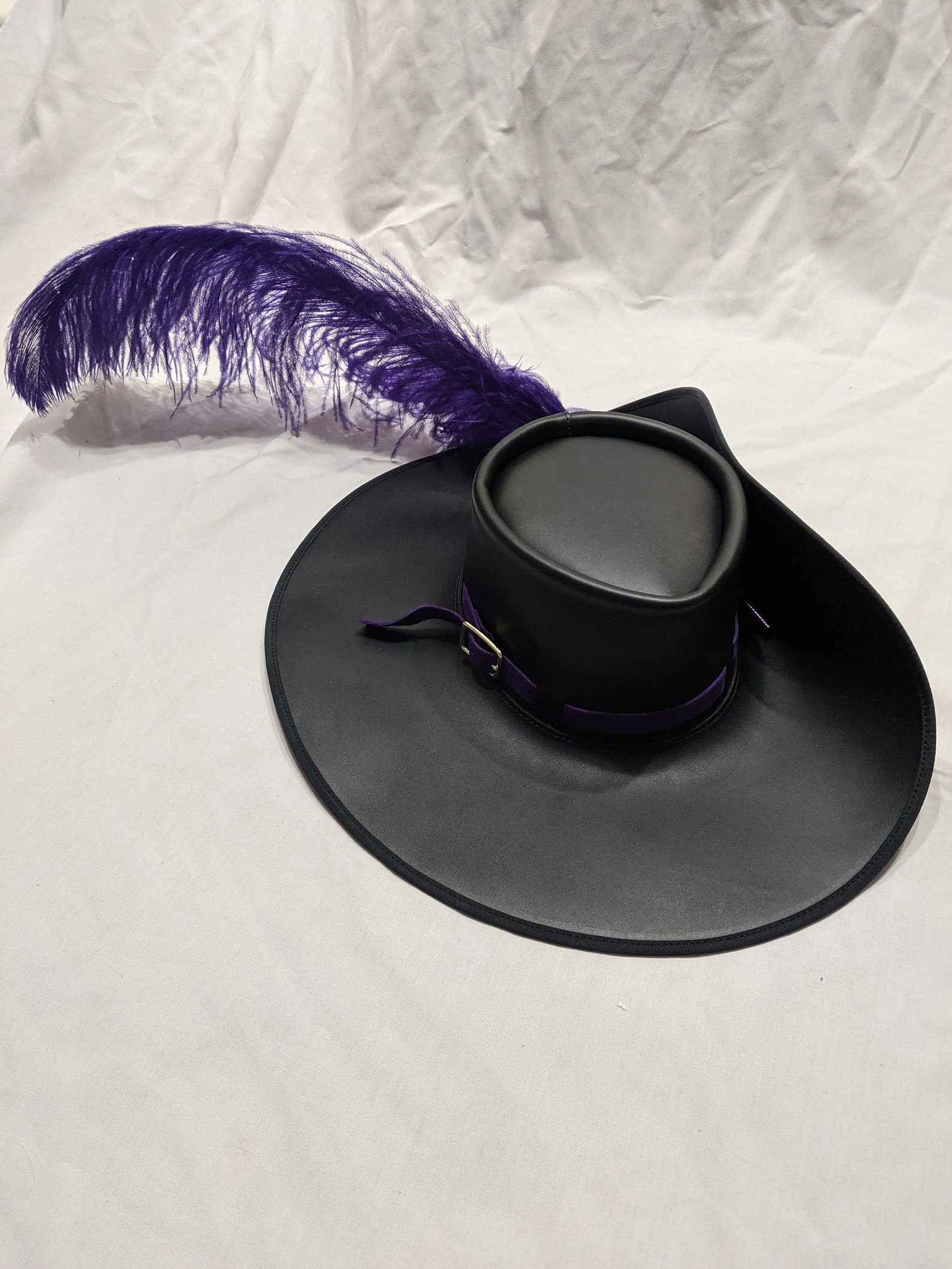 Wide Brim Leather Cavalier Hat Black With Large Feather Plume Pirate ...