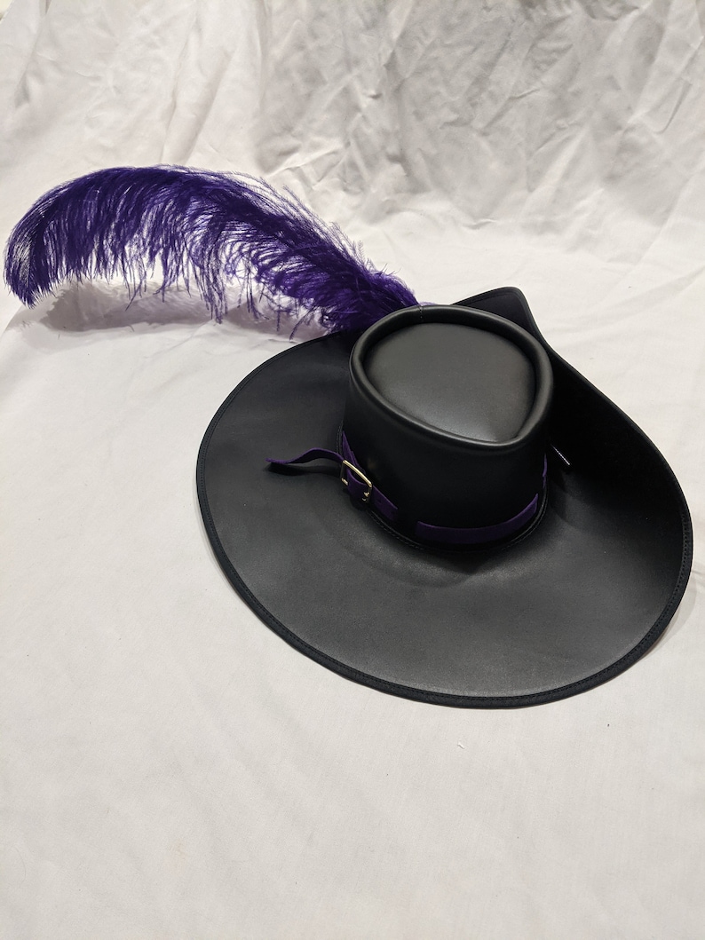 Wide Brim Leather Cavalier Hat Black With Large Feather Plume Pirate ...