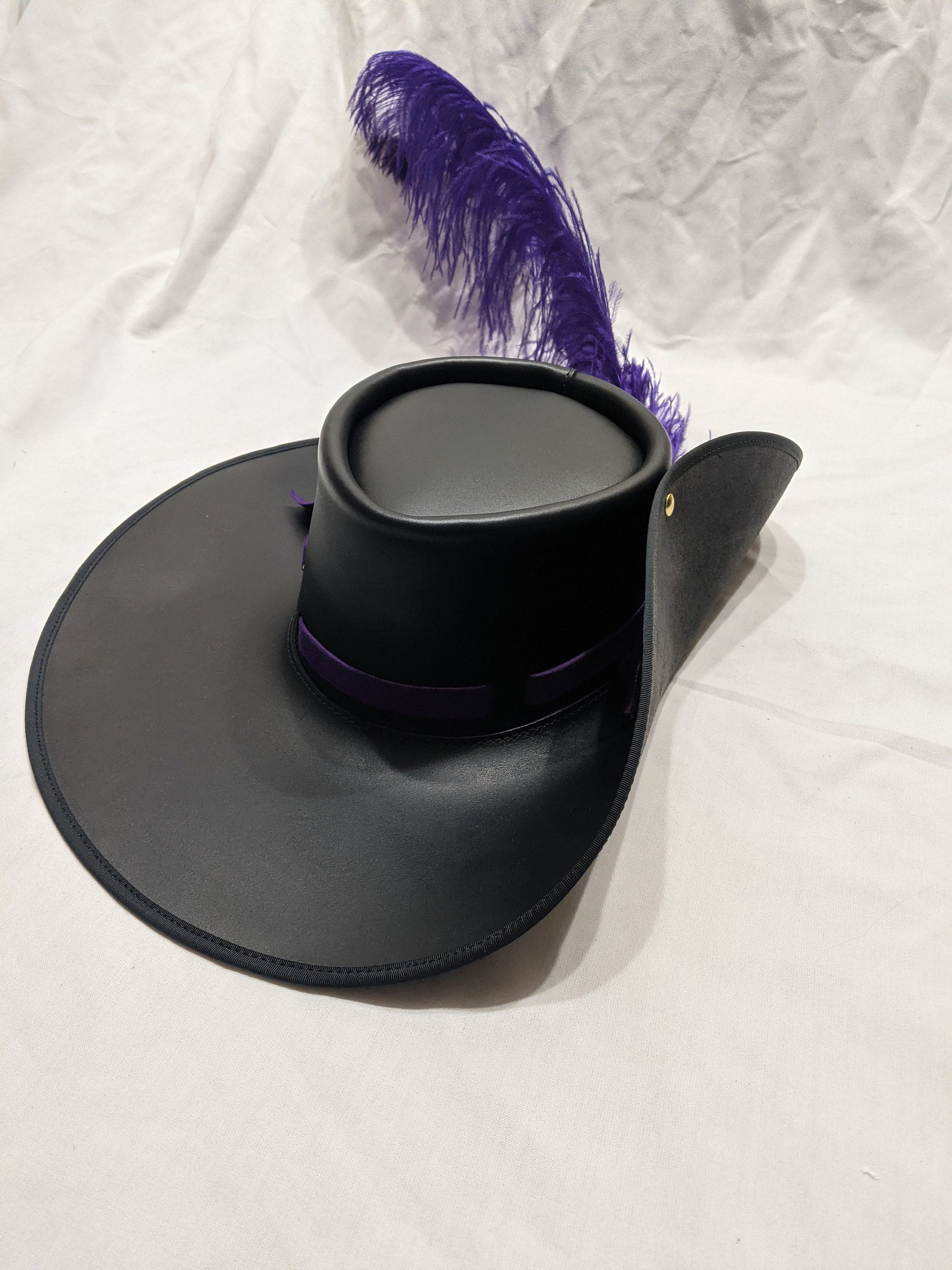 Wide Brim Leather Cavalier Hat Black With Large Feather Plume Pirate ...