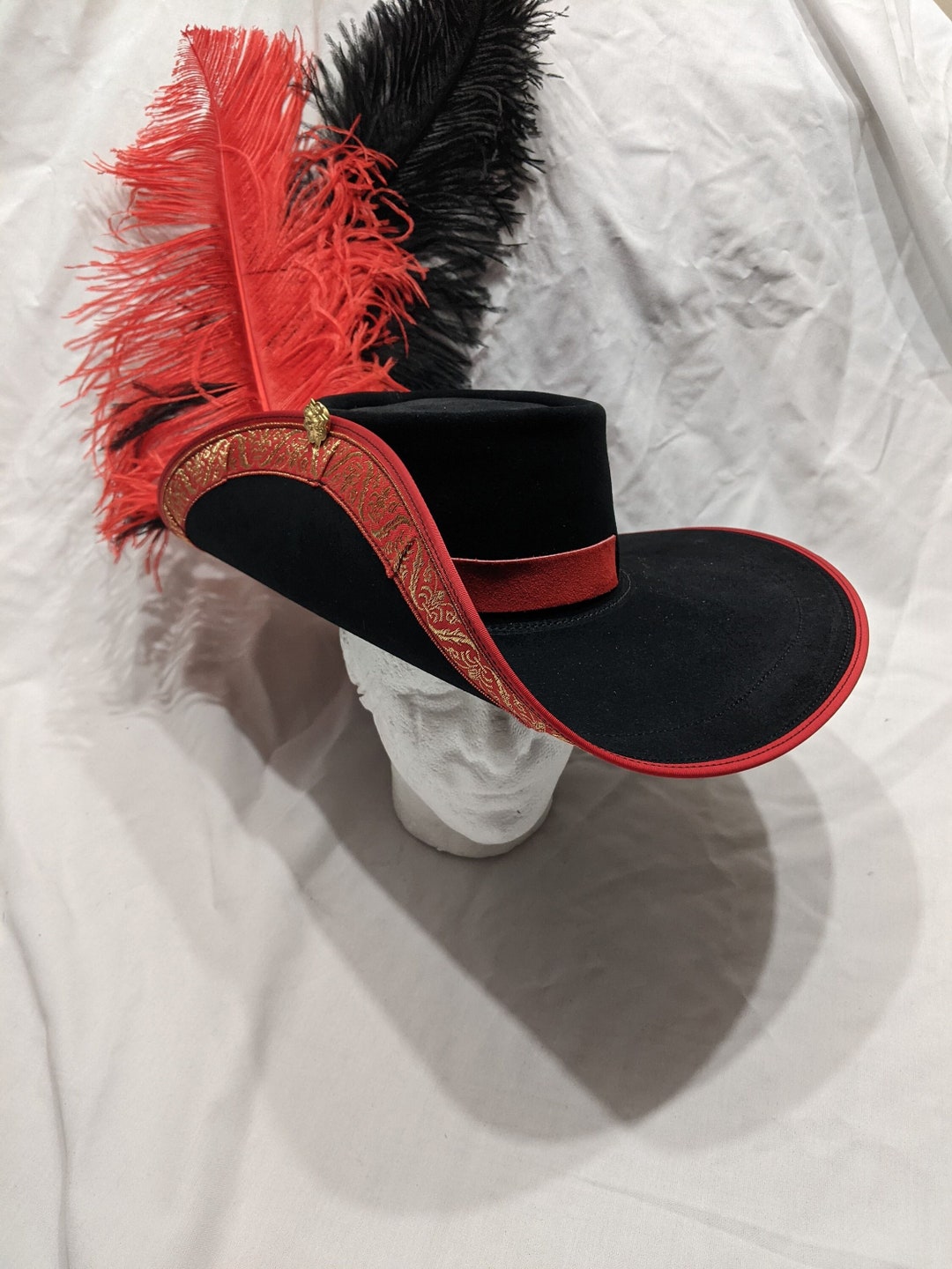 Fancy Wide Brim Leather Hat Red Black and Gold W/2 Large Feather Plumes ...
