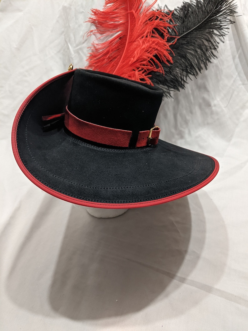 Fancy Wide Brim Leather Hat Red Black and Gold W/2 Large Feather Plumes ...