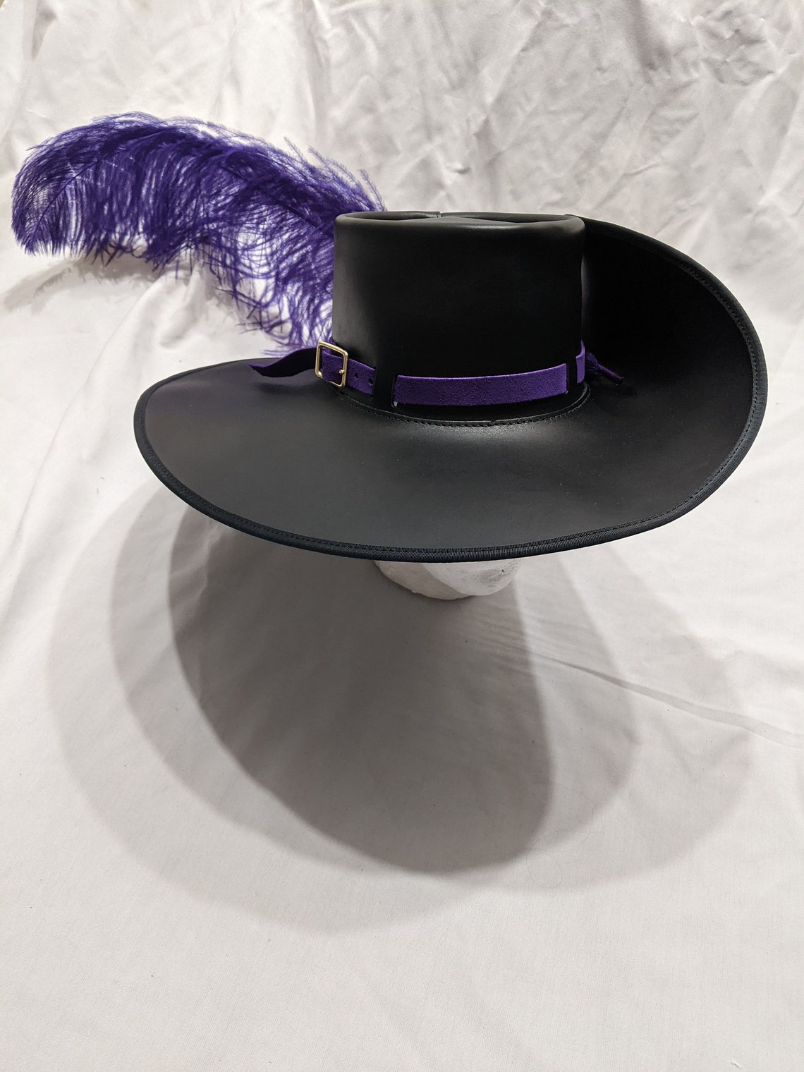 Wide Brim Leather Cavalier Hat Black With Large Feather Plume Pirate ...