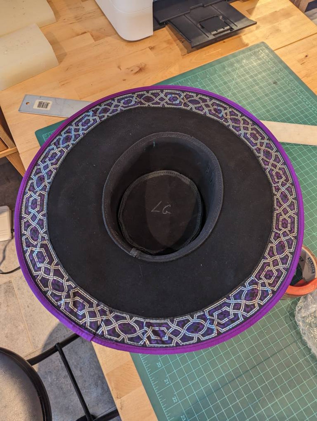 Fancy Wide Brim Leather Hat Purple Black and Silver W/2 Large Feather ...