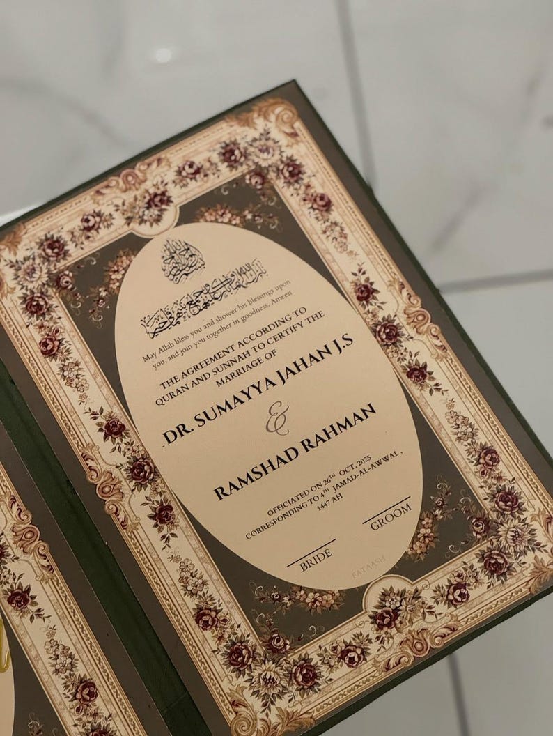 Personalized Velvet Nikah Nama Booklet, Custom Islamic Marriage ...