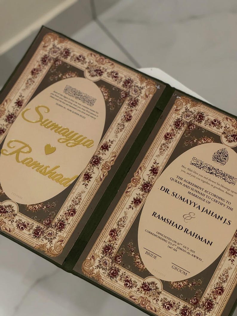 Personalized Velvet Nikah Nama Booklet, Custom Islamic Marriage ...