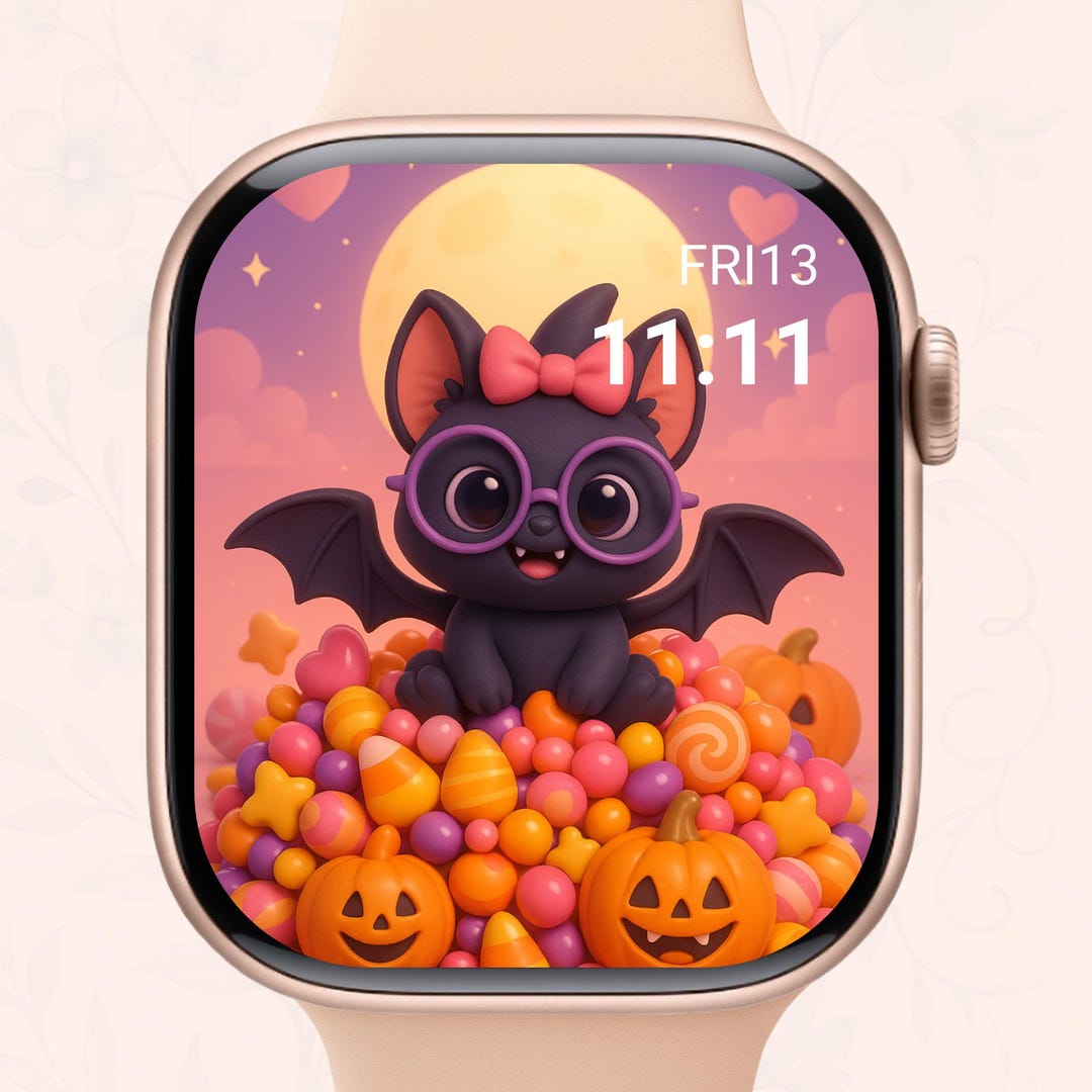 Kawaii Halloween Watch Face – Cute Bat With Glasses on Candy Pile ...