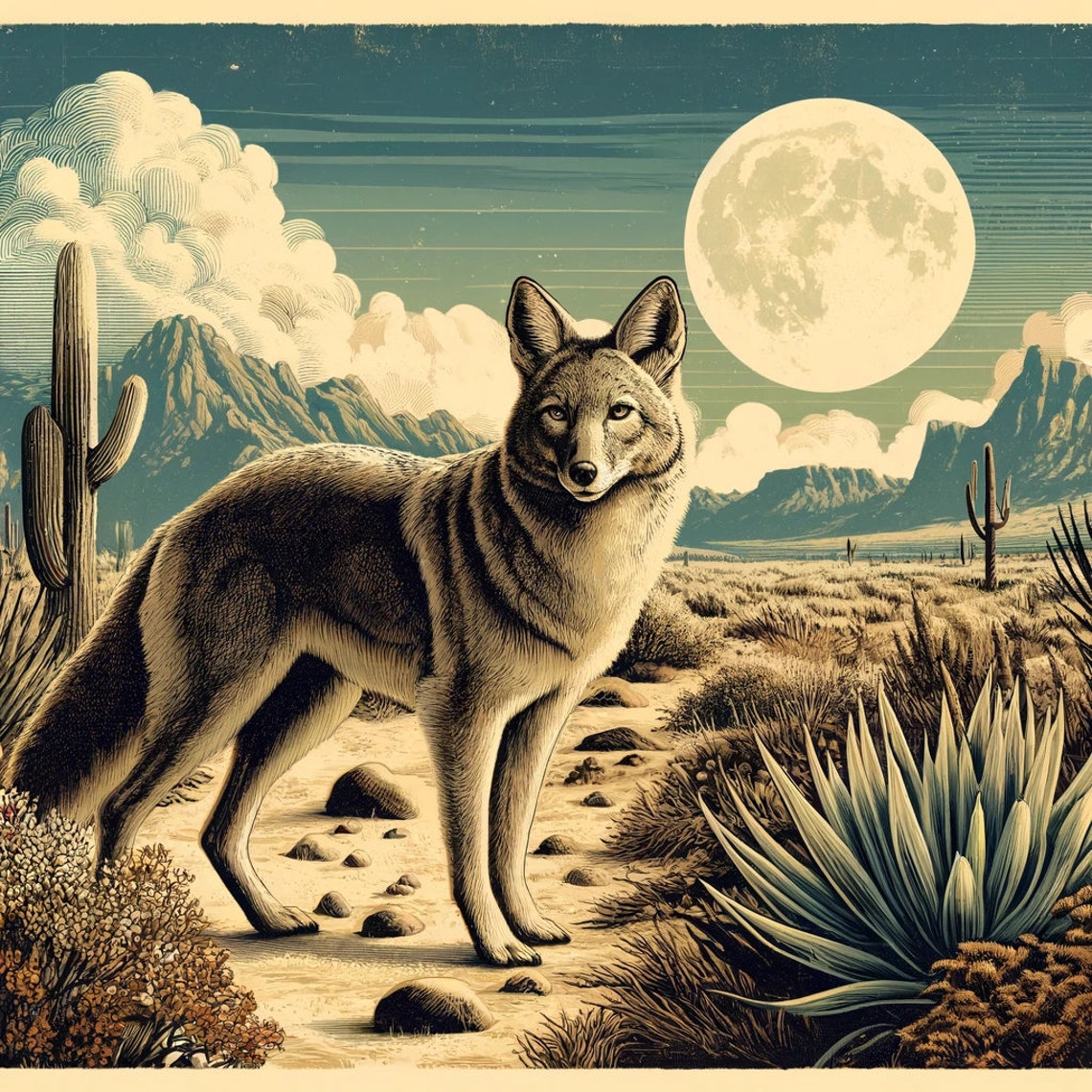 Coyote in Desert With Saguaro Cactuses at Full Moon | Digital Art Print ...