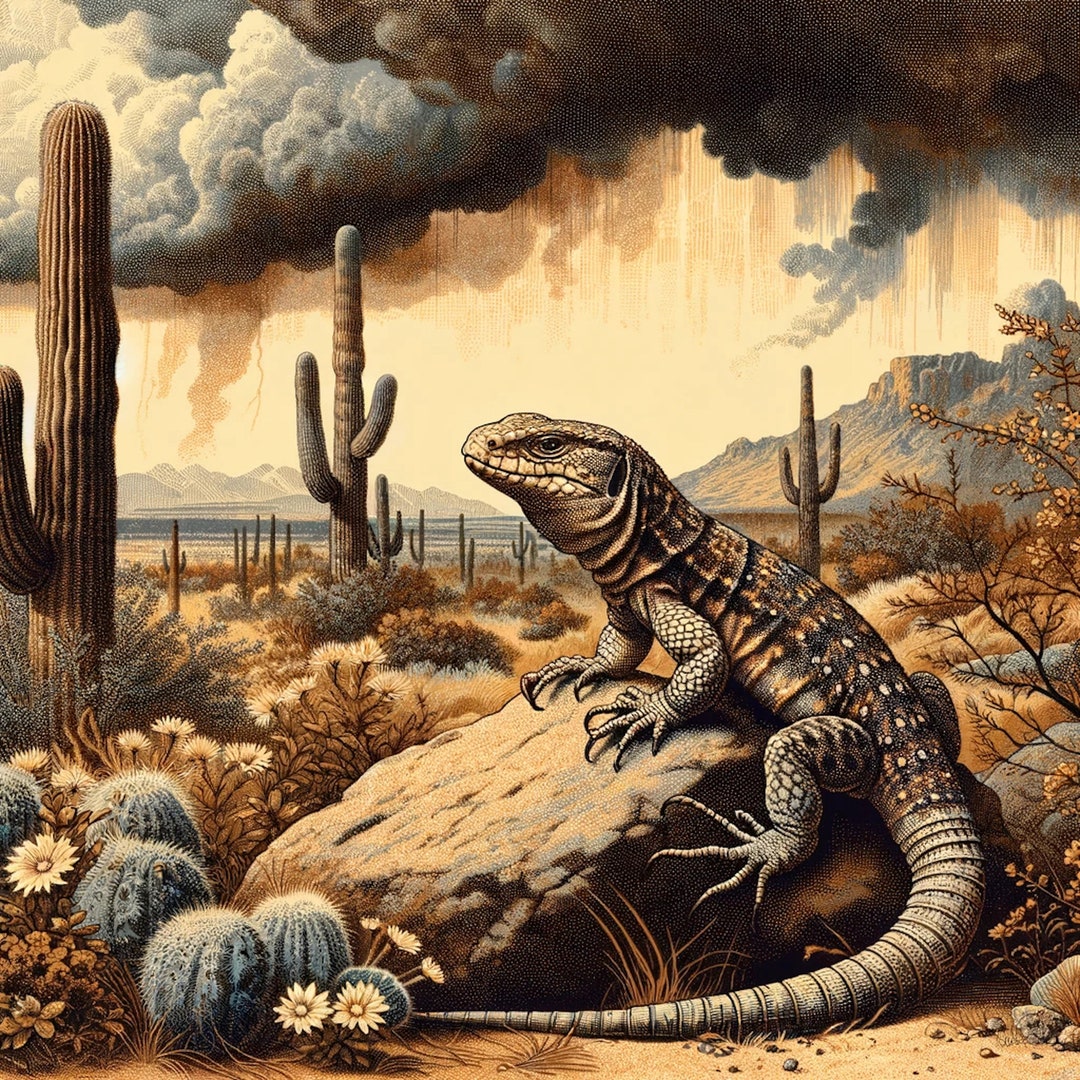 Desert Lizard With Saguaro Cactuses and Stormy Cloudy Sky | Digital Art ...
