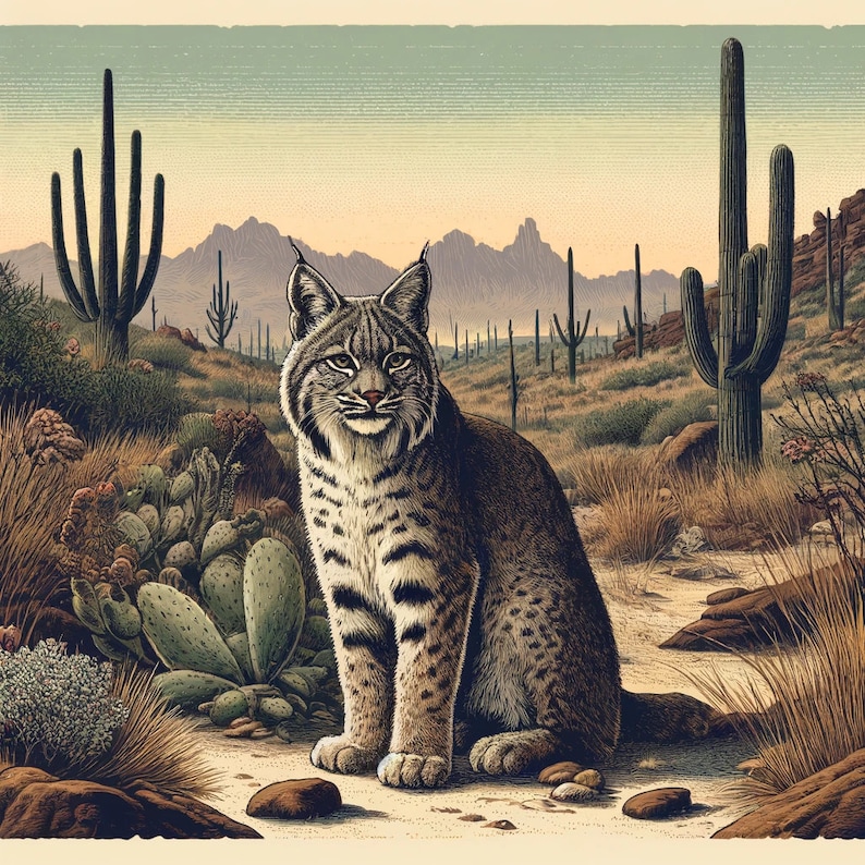 Bobcat in Desert With Saguaro Cactuses at Sunset | Digital Art Print ...