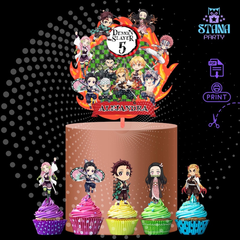 Personalized Demon Slayer Cake Topper + 5 Cupcake Toppers. Printable ...