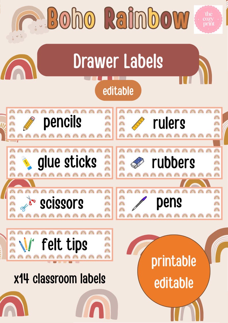Boho Rainbow Classroom Drawer Labels – Editable & Printable ...