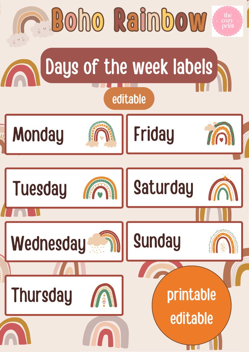 Boho Rainbow Days of the Week Cards – Editable & Printable Classroom ...