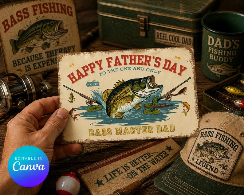 Funny Bass Fishing Father's Day Card | Retro Bass Master Dad (digital ...