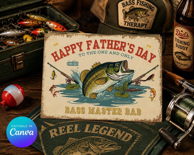 Funny Bass Fishing Father's Day Card | Retro Bass Master Dad (digital ...