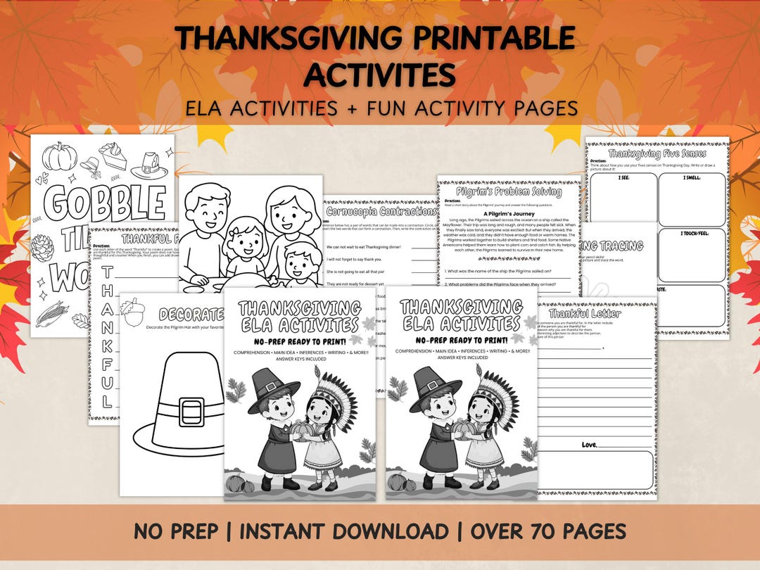 Thanksgiving Activity Bundle for Kids, ELA Worksheets, Fun No-prep ...
