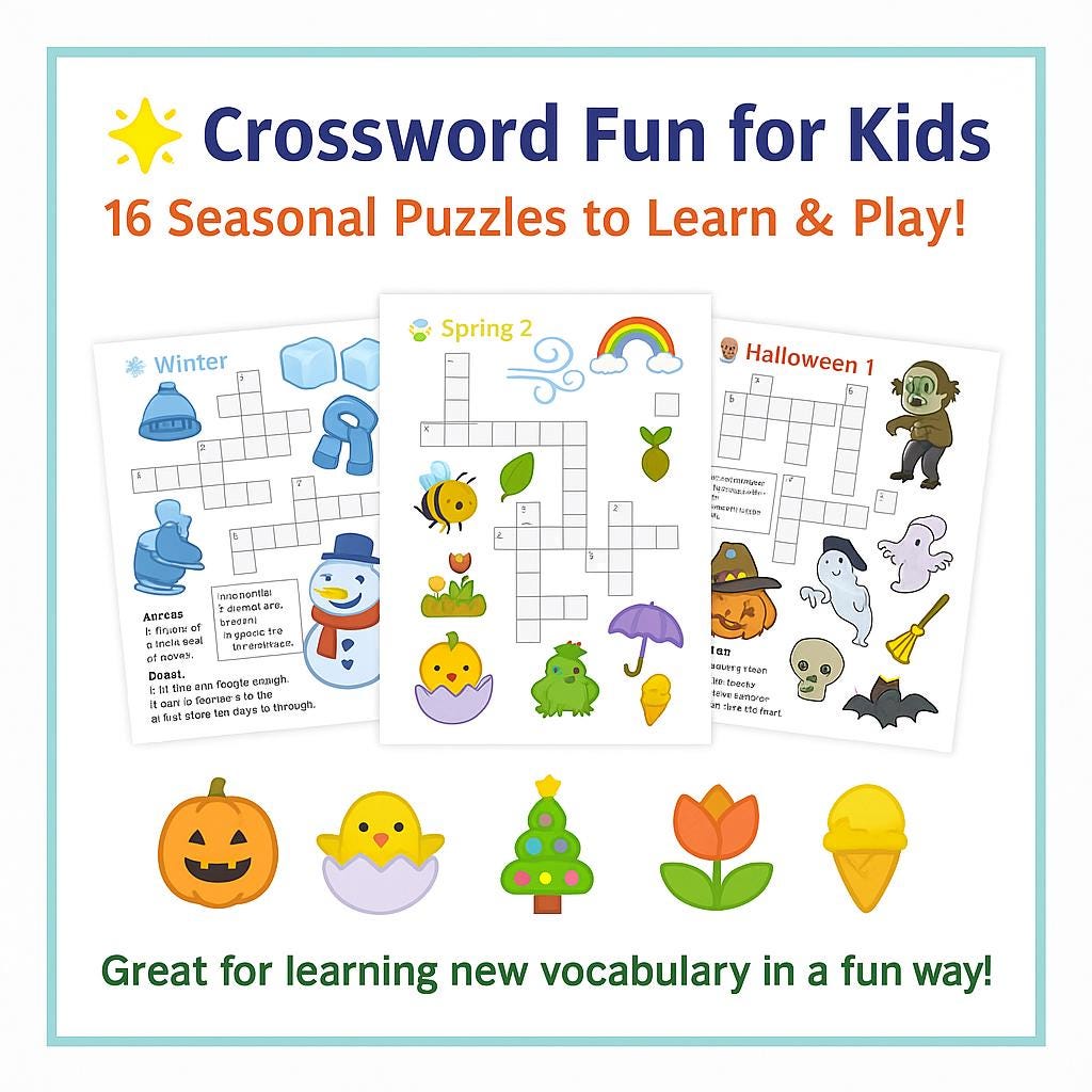 Crossword Fun for Kids – 16 Seasonal & Everyday Puzzles | Printable ...